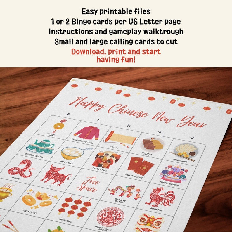 Chinese New Year Bingo Game for Kids and Adults, 50 Lunar New Year ...