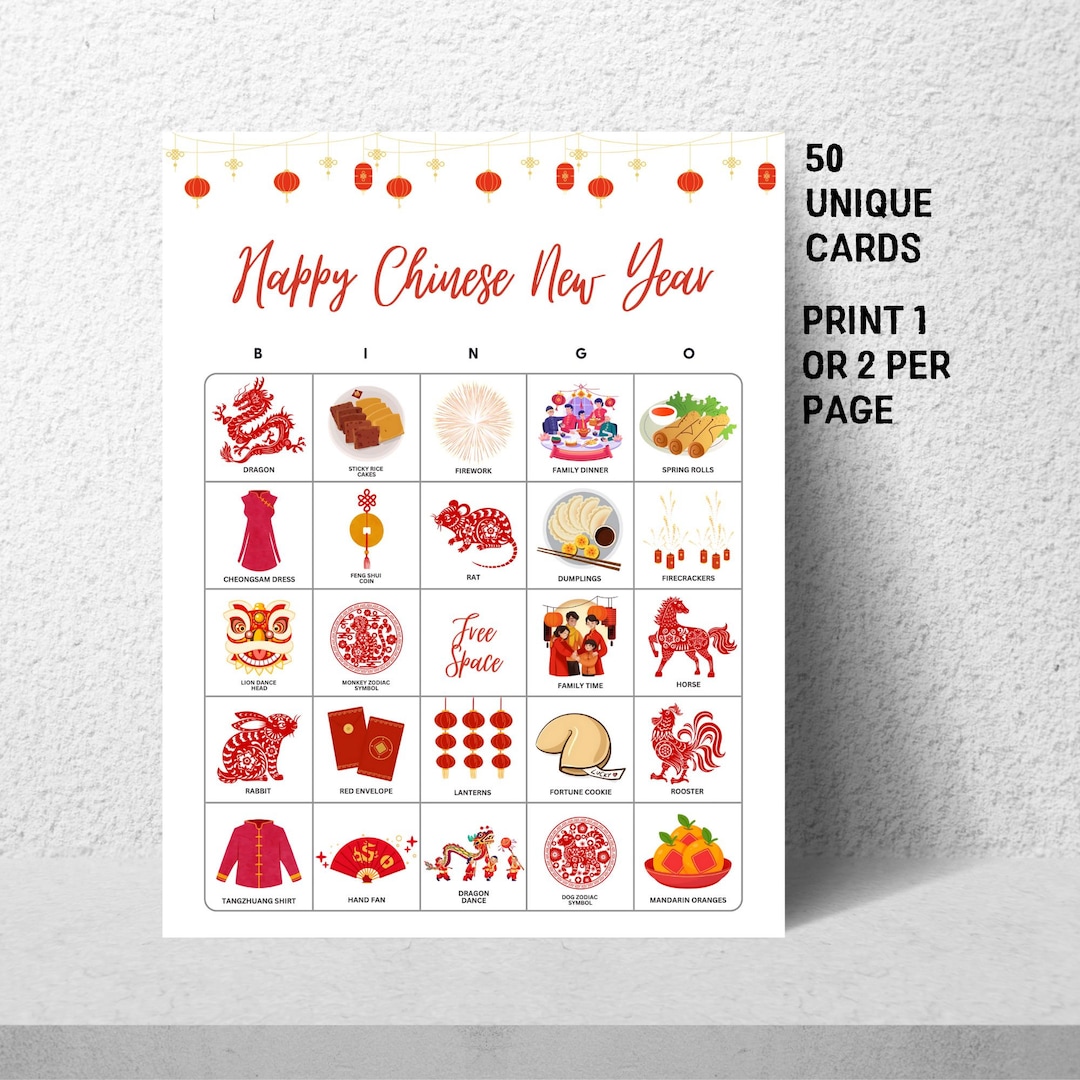 Chinese New Year Bingo Game for Kids and Adults, 50 Lunar New Year ...
