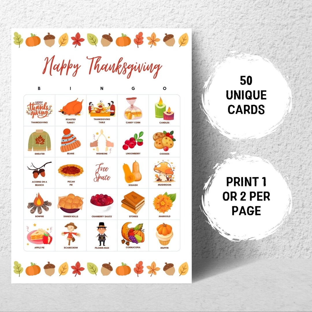 Thanksgiving Bingo, 50 Thanksgiving Bingo Cards, Printable Thanksgiving ...
