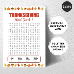 2 Printable Thanksgiving Word Search Game With Answers, Thanksgiving ...