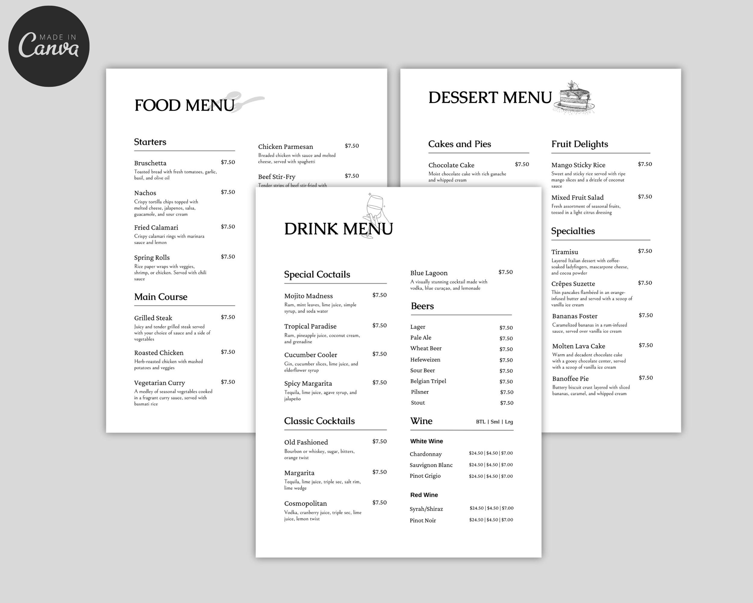 Editable Restaurant Menu Template Printable Food Desserts Drinks Menu Template Simple Modern