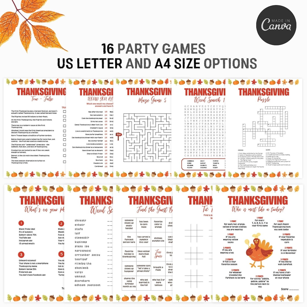 16 Thanksgiving Game Bundle, Printable Thanksgiving Games for Adults ...