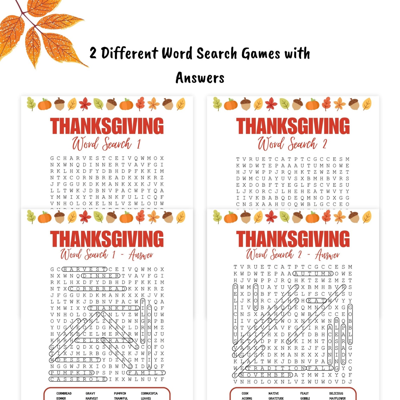 2 Printable Thanksgiving Word Search Game With Answers, Thanksgiving ...