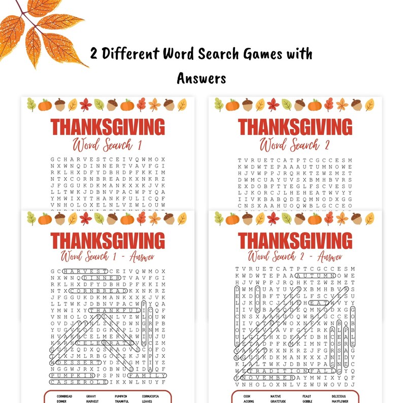 2 Printable Thanksgiving Word Search Game With Answers, Thanksgiving ...