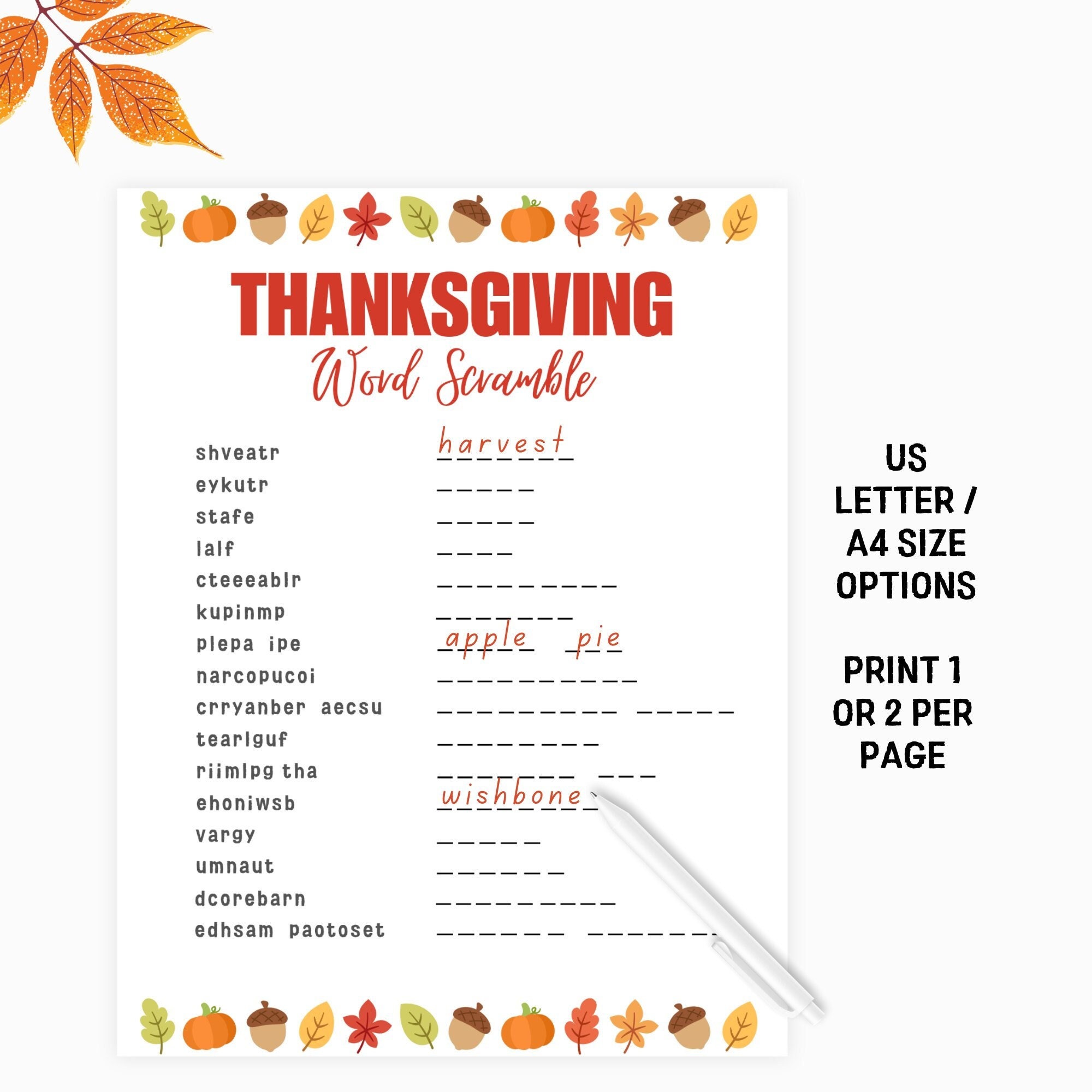 Printable Thanksgiving Word Scramble Game, Word Scramble With US Letter ...
