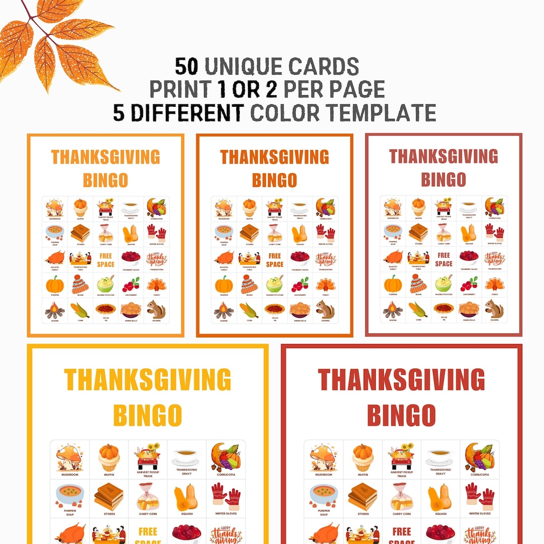 Thanksgiving Bingo 50 Cards, Printable Thanksgiving Party Games for ...