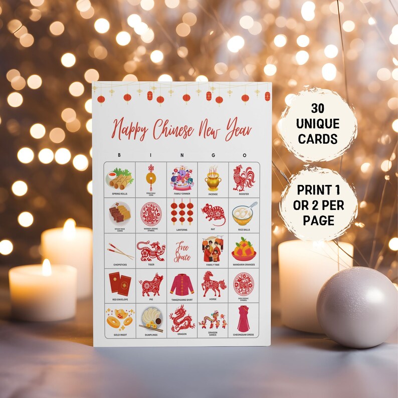 Chinese New Year Bingo Game for Kids and Adults, 30 Lunar New Year ...