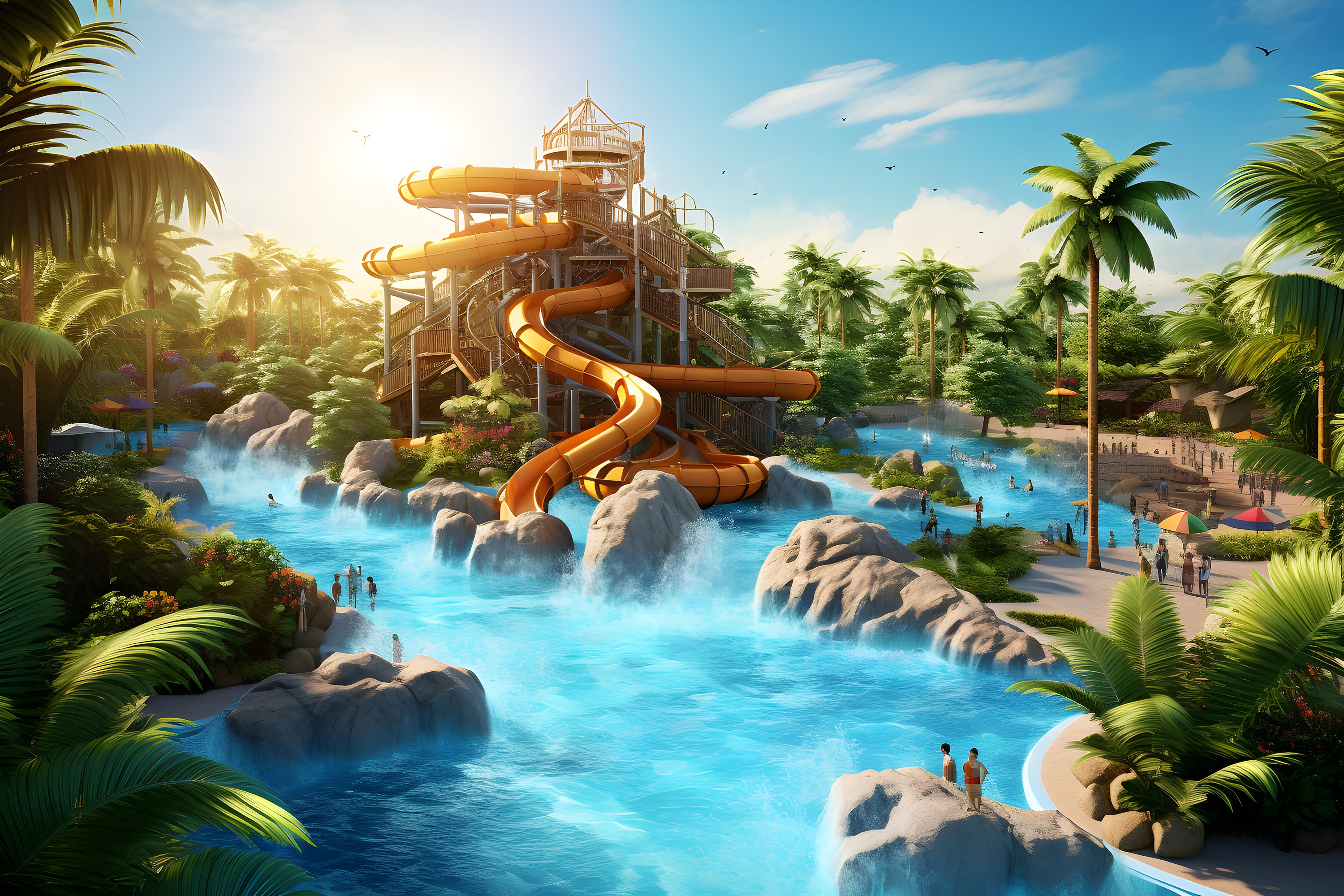 Water Park Adventure Art: Thrilling Slides, Meandering Rivers, Wave ...