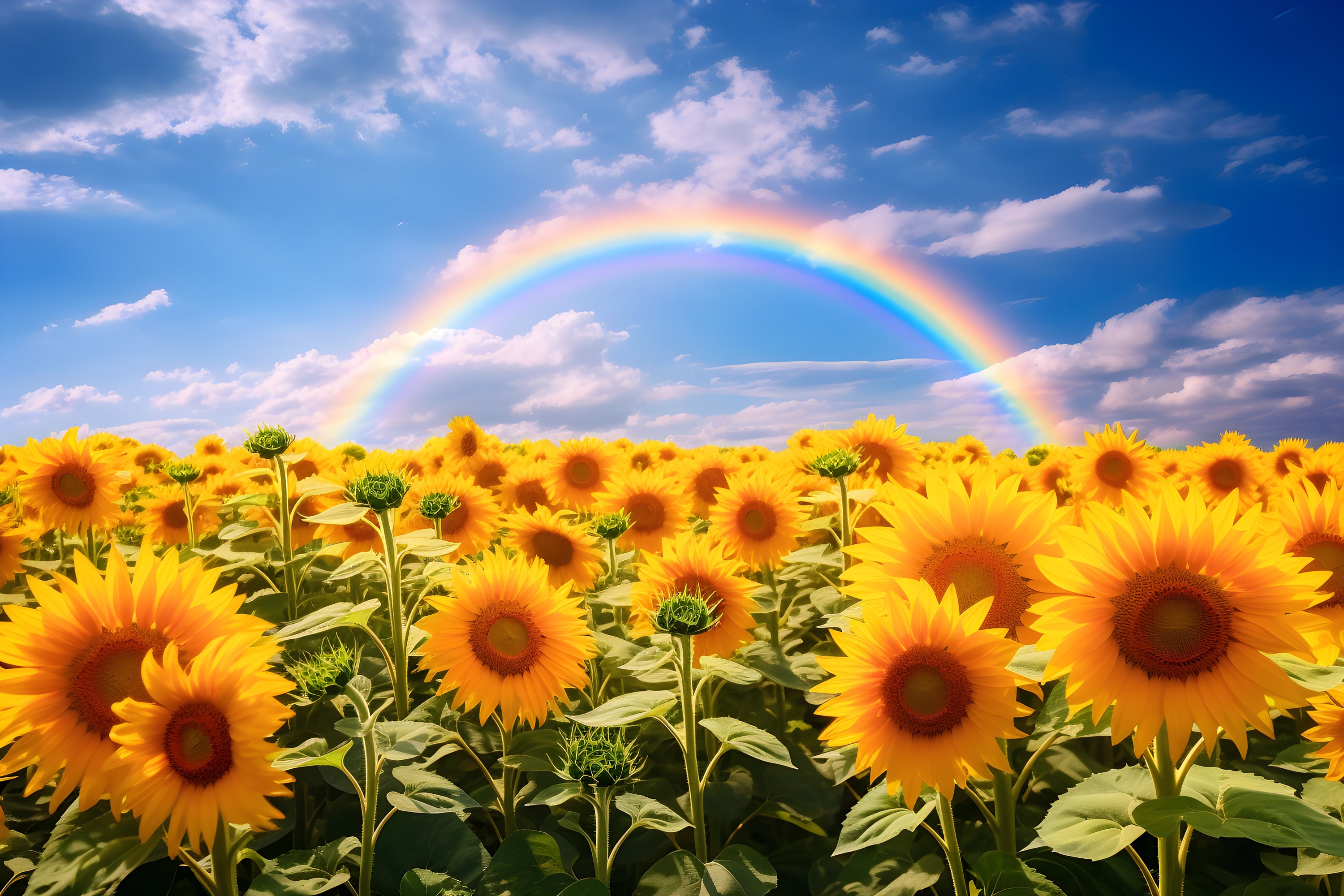Sunflower Field Art - Vast and Colorful, Rainbow Background - Digital Print, Professional ...