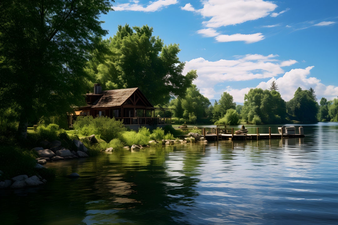 Lakeside Artwork, Nostalgic Summer Scene, Lakehouse Décor, Serene Lake ...