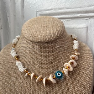 Shell & Pearl Necklace With a Large Glass Evil Eye (sky Blue) - Etsy