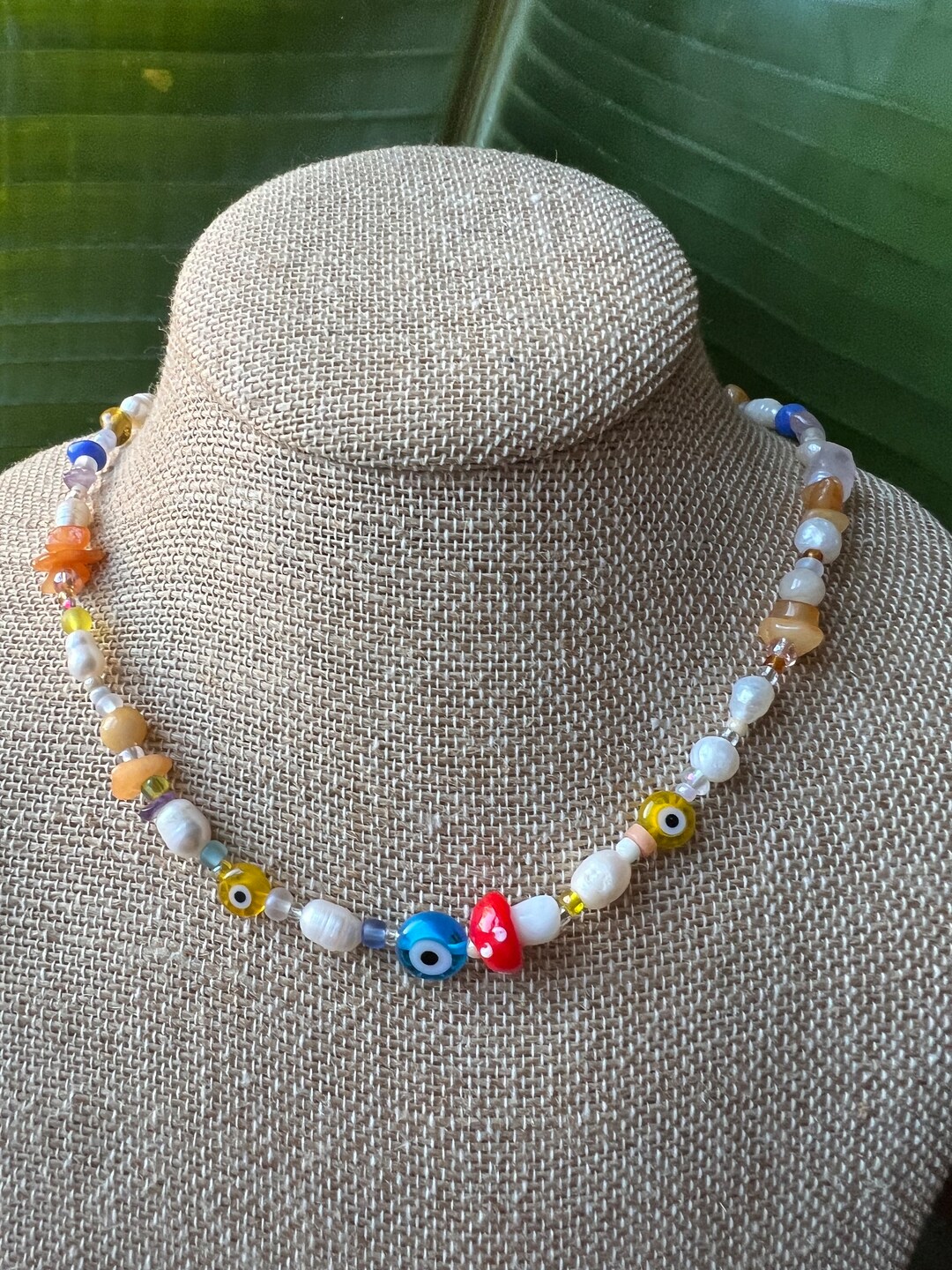 Evil Eye and Pearl Necklace; Sky Blue Glass Evil Eye Bead, Natural ...