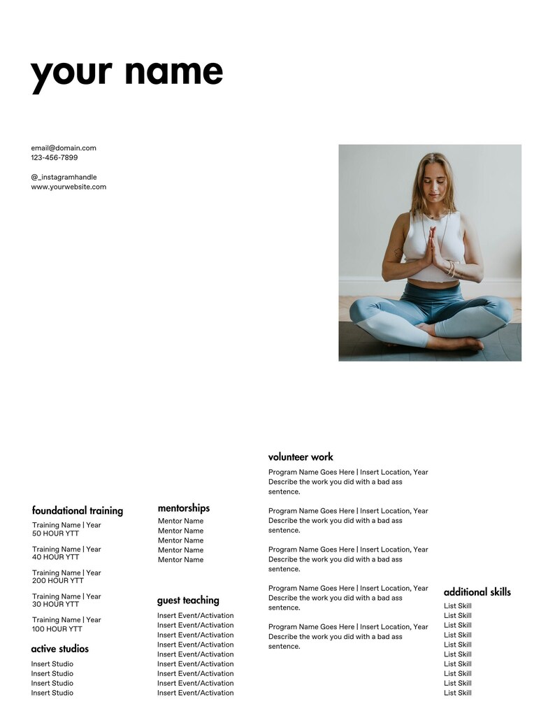 Yoga Teacher Resume | Canva Template | Editable Instant Download ...