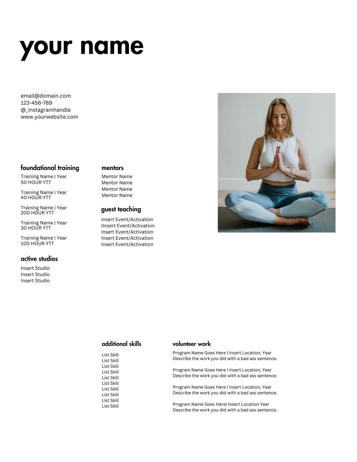 Yoga Teacher Resume | Canva Template | Editable Instant Download ...