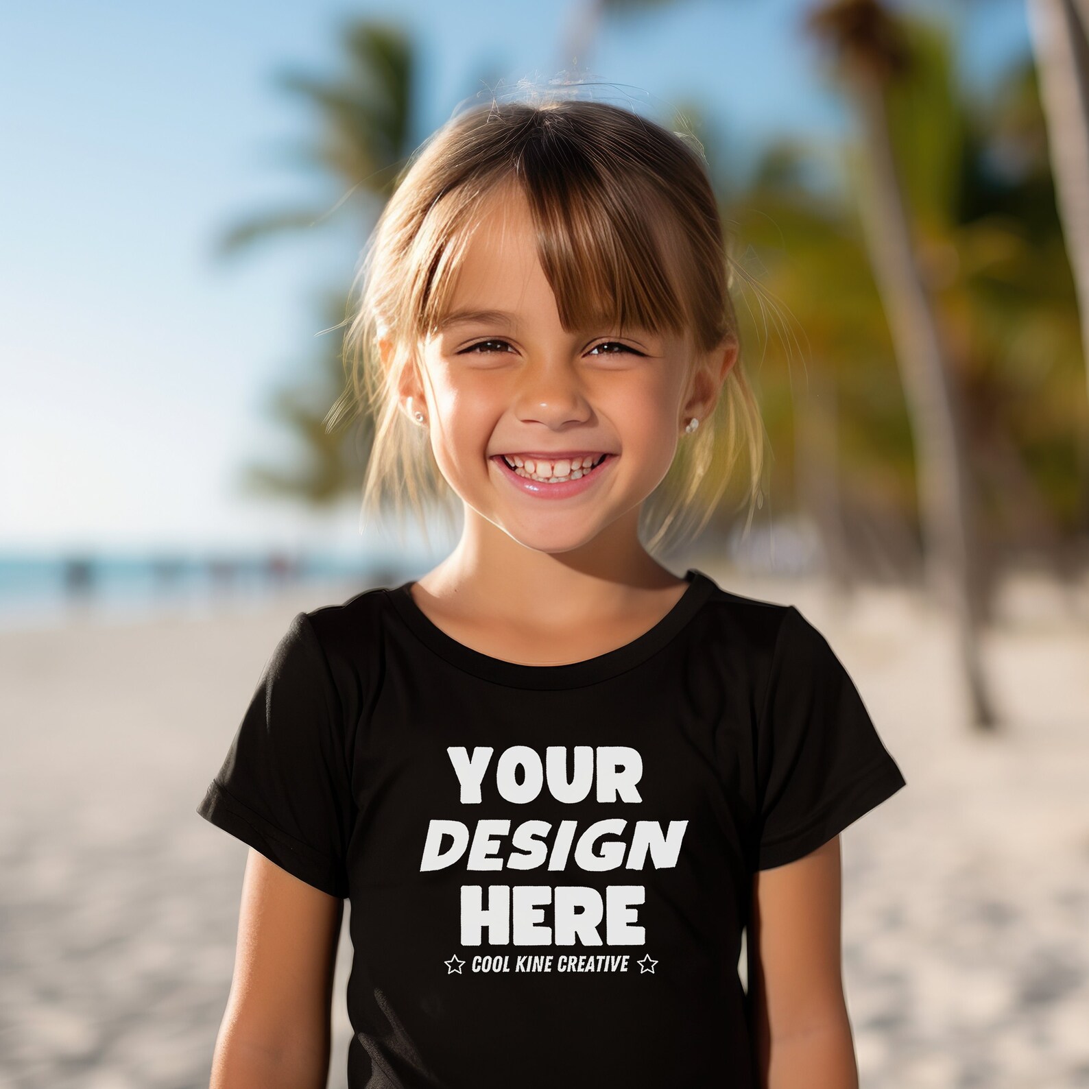 Gildan 5000B Style BLACK T-shirt Mockup; Youth Caucasian Girl Model ...