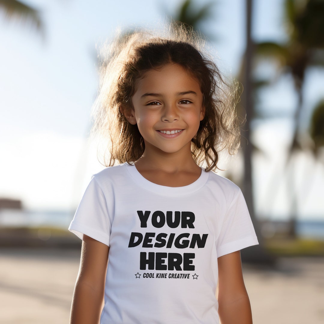 Gildan 5000B Style WHITE T-shirt Mockup; Youth Mixed Ethnicity Girl ...