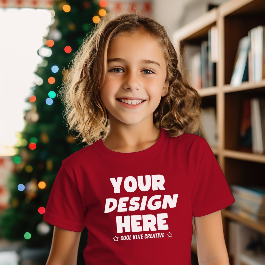 Gildan 5000B Style Kids CARDINAL RED T-shirt Mockup With Youth ...