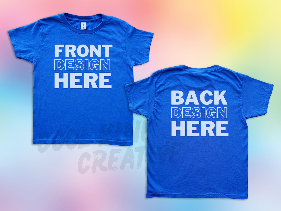 FRONT & BACK Gildan 5000B ROYAL Blue Kids T-shirt Mockup, Flat Lay ...