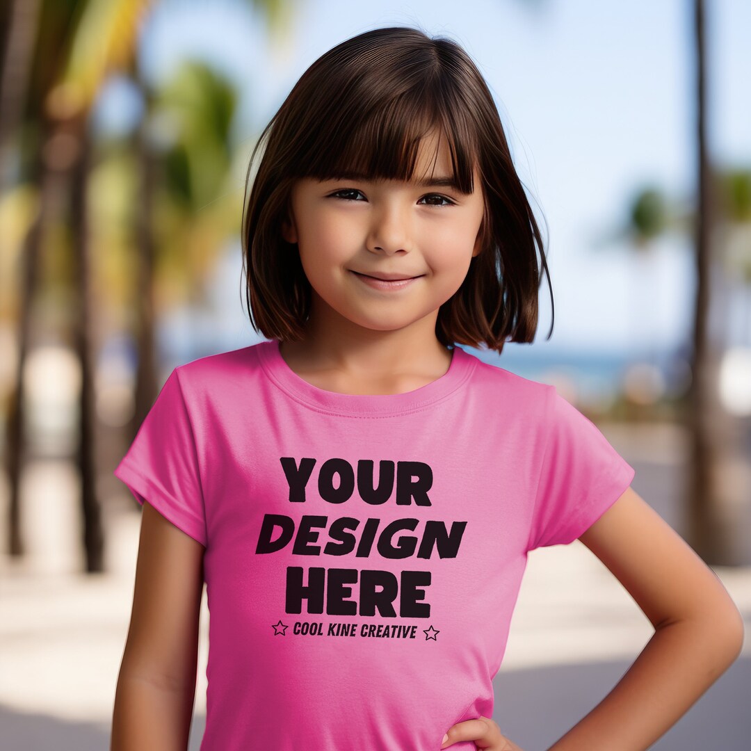 Gildan 5000B Style AZALEA Pink T-shirt Mockup Youth Caucasian Girl ...