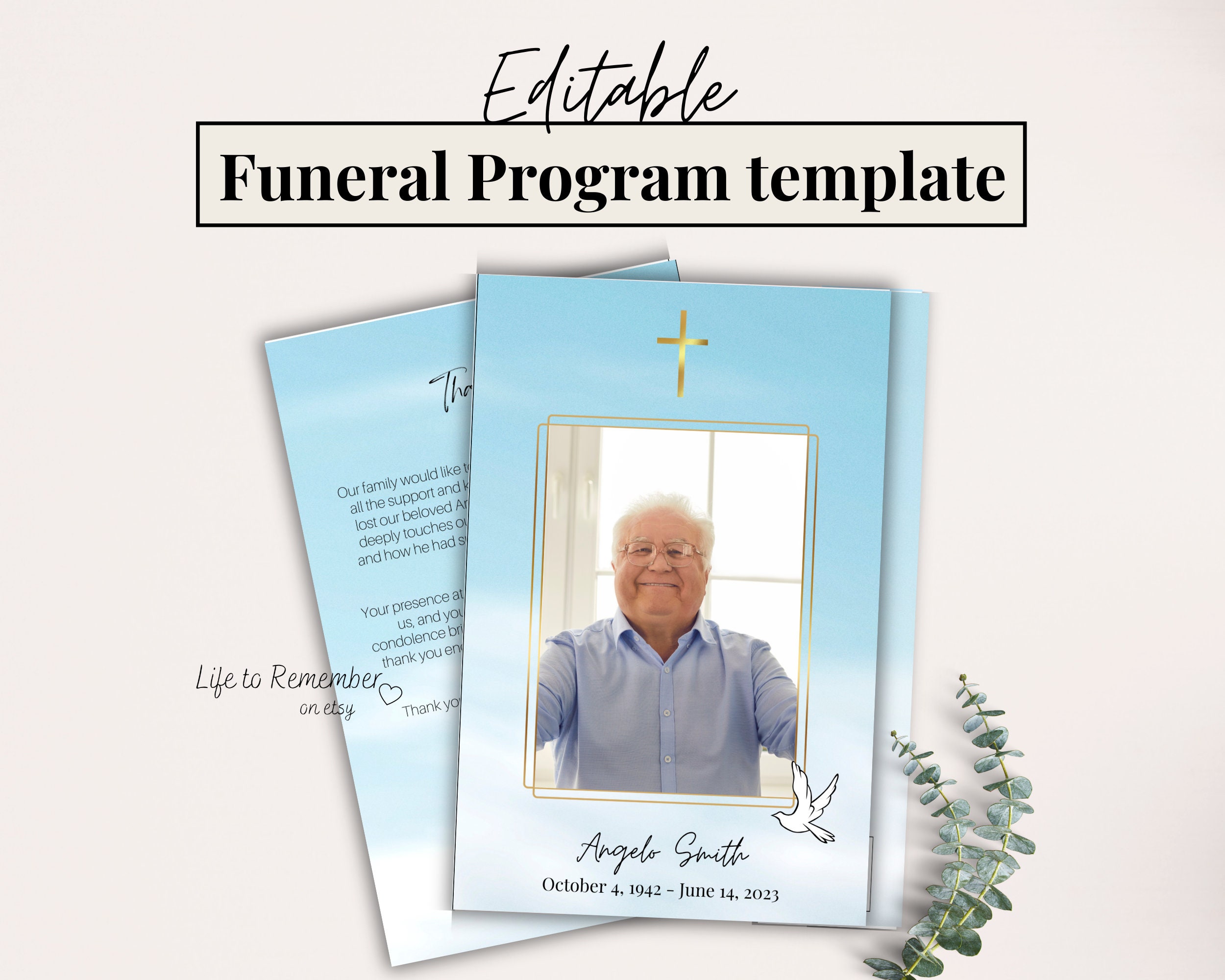 Blue Sky Funeral Program Template Editable in Canva, Obituary ...