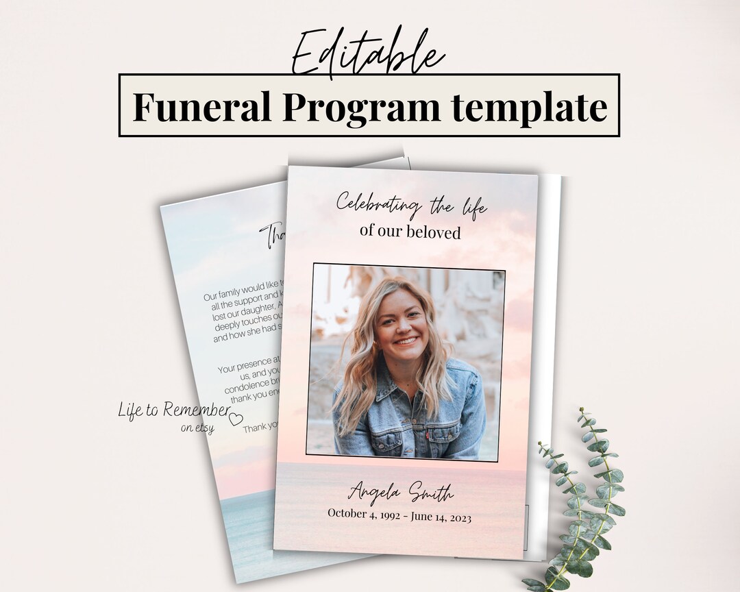 Ocean Funeral Program Template Editable in Canva, Obituary Celebration ...