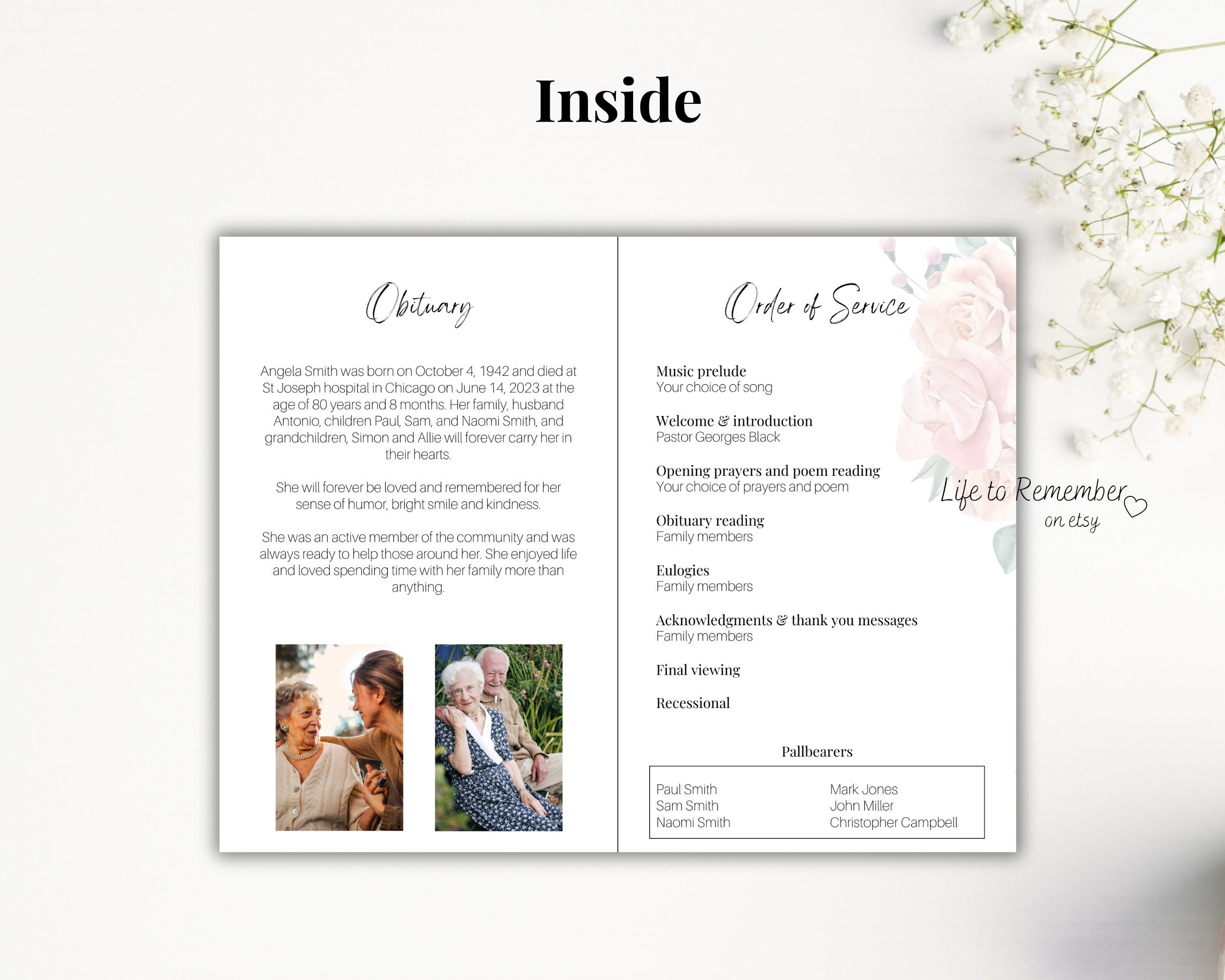 Floral Funeral Program Template Editable in Canva, Obituary Celebration ...