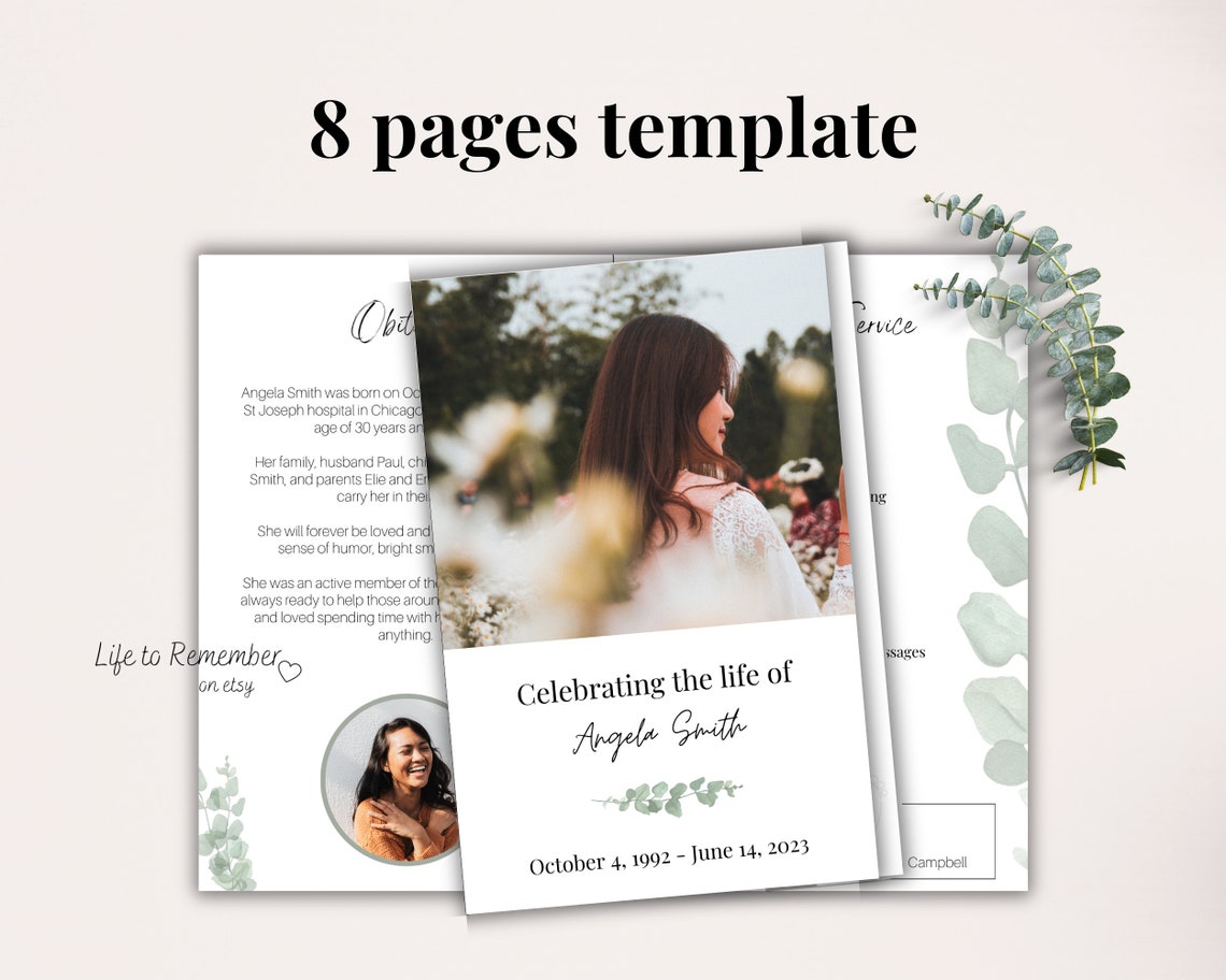 8 Pages Funeral Program Template Editable in Canva Obituary - Etsy