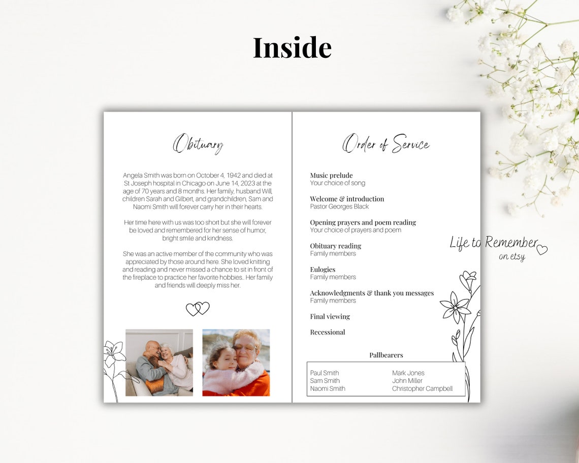 Minimalist Funeral Program Template Editable in Canva, Obituary ...