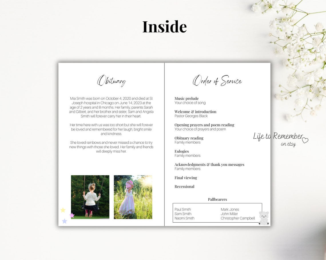 Child Funeral Program Template Editable in Canva, Printable Celebration ...