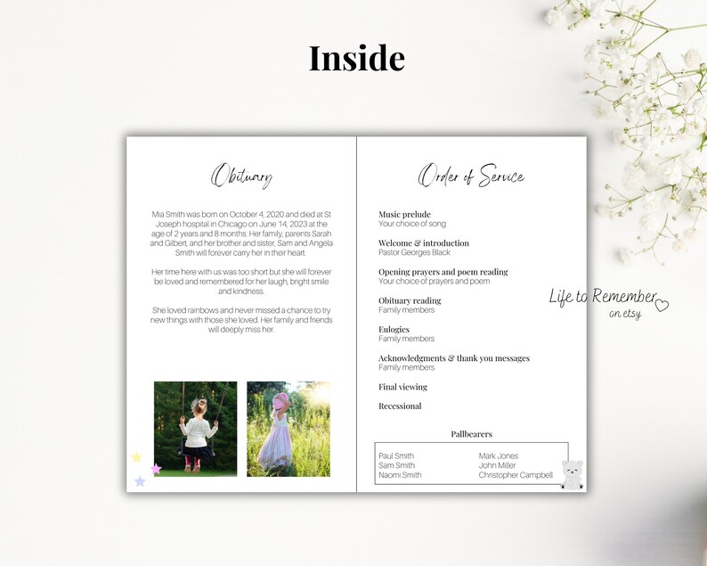 Child Funeral Program Template Editable in Canva, Printable Celebration ...