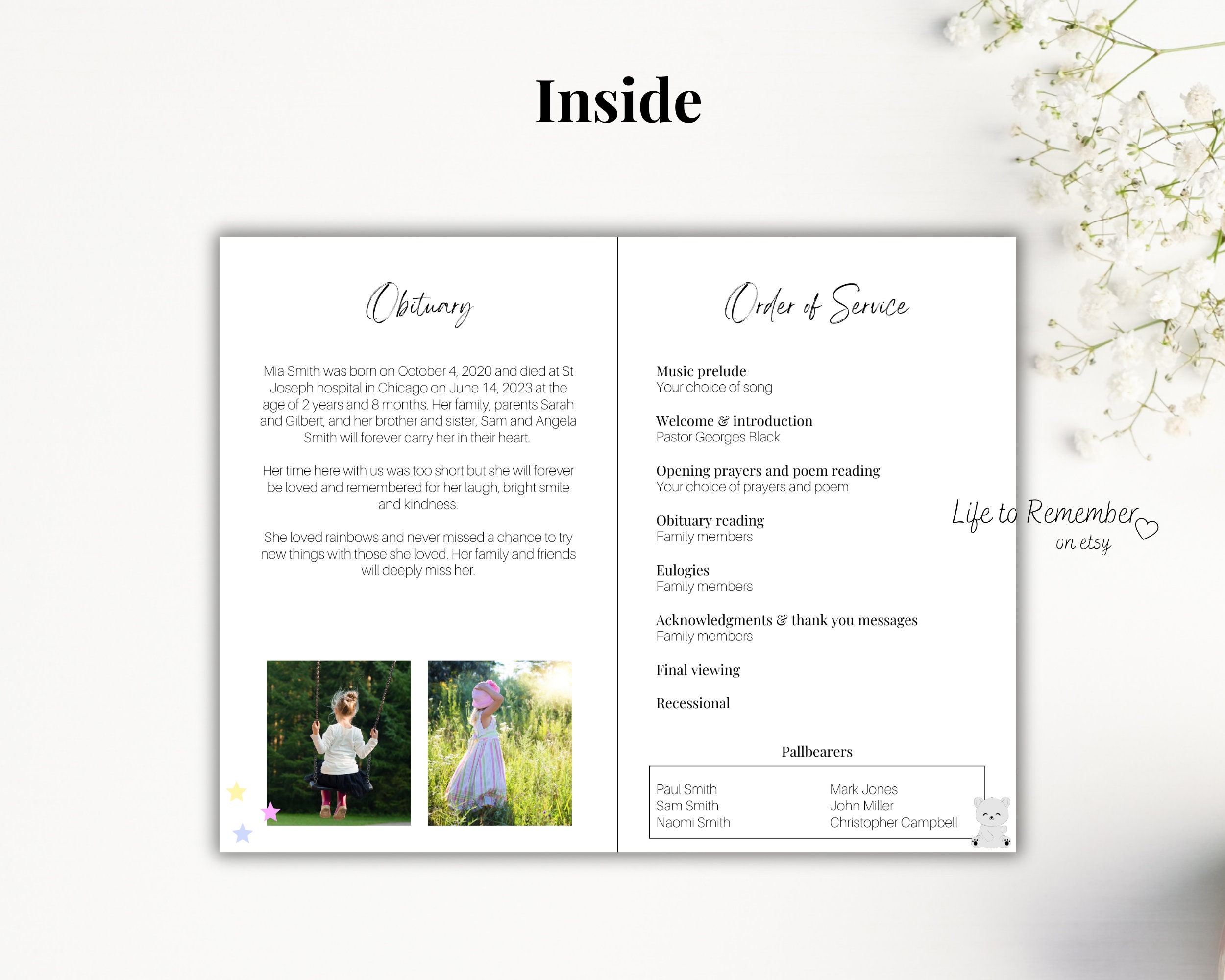 Child Funeral Program Template Editable in Canva, Printable Celebration ...