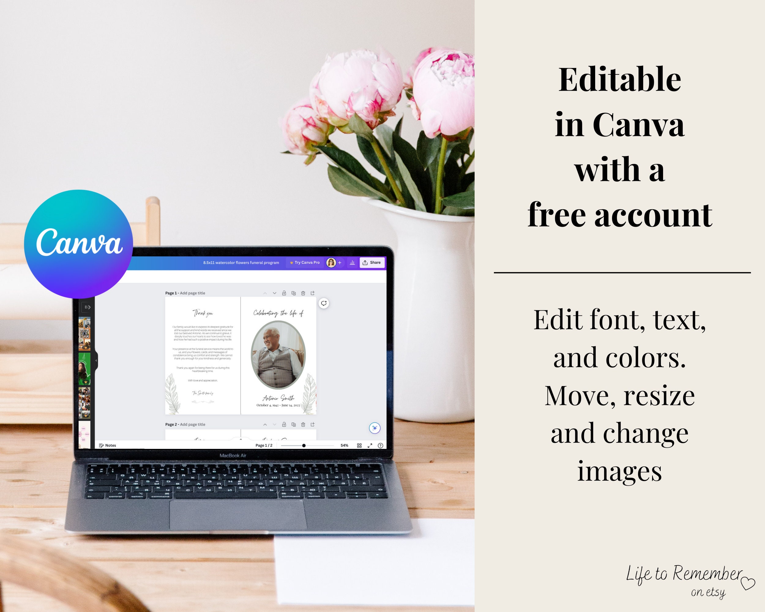 Funeral Program Template Editable in Canva, Printable Obituary ...