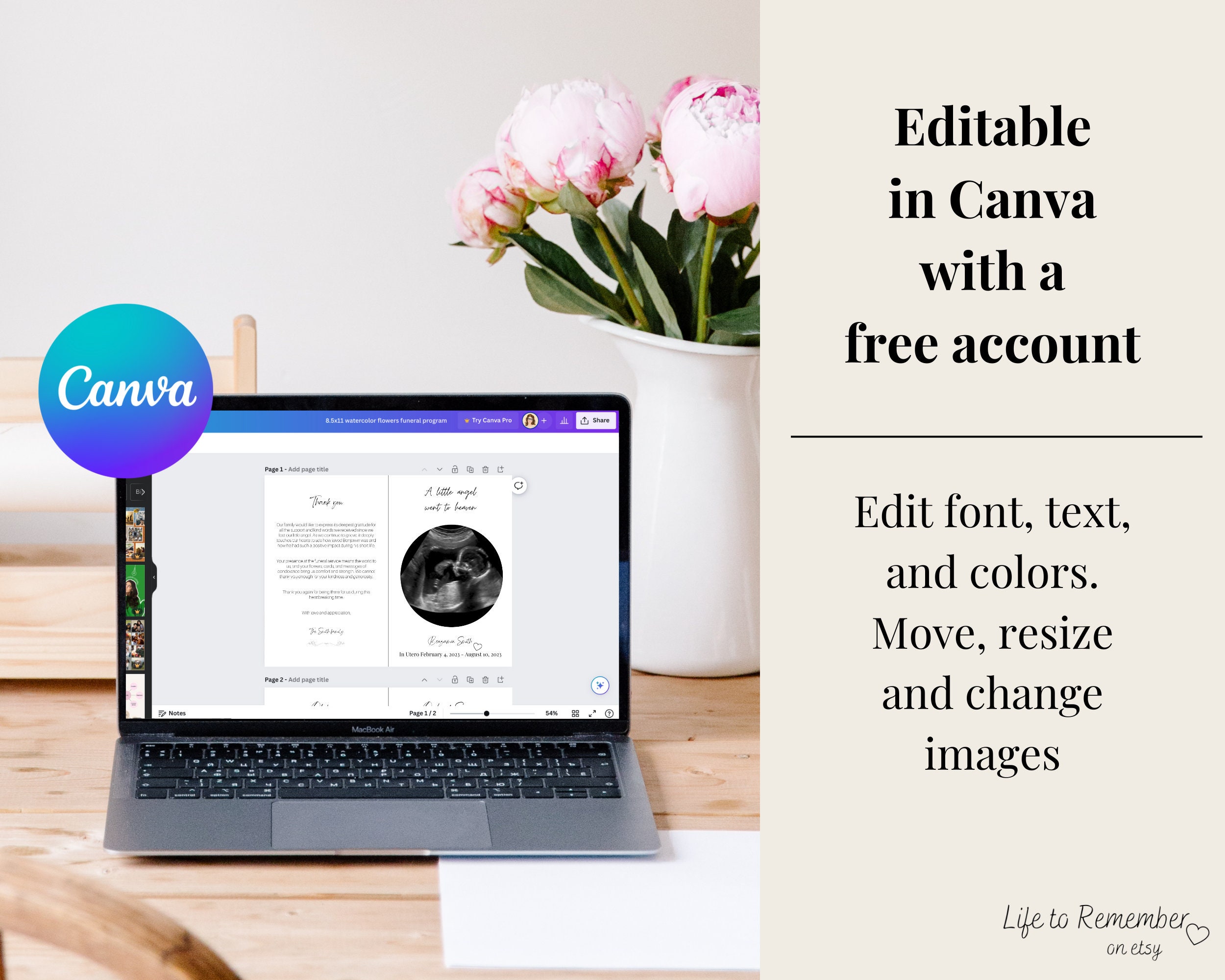 Stillborn Baby Funeral Program Template Editable in Canva, Baby ...