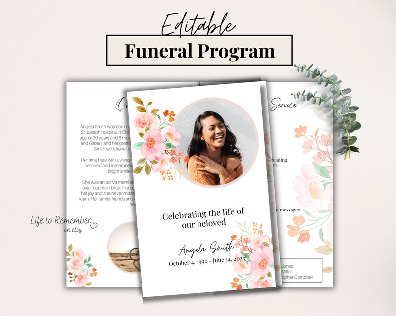 Funeral Program Template Editable in Canva, Printable Obituary ...