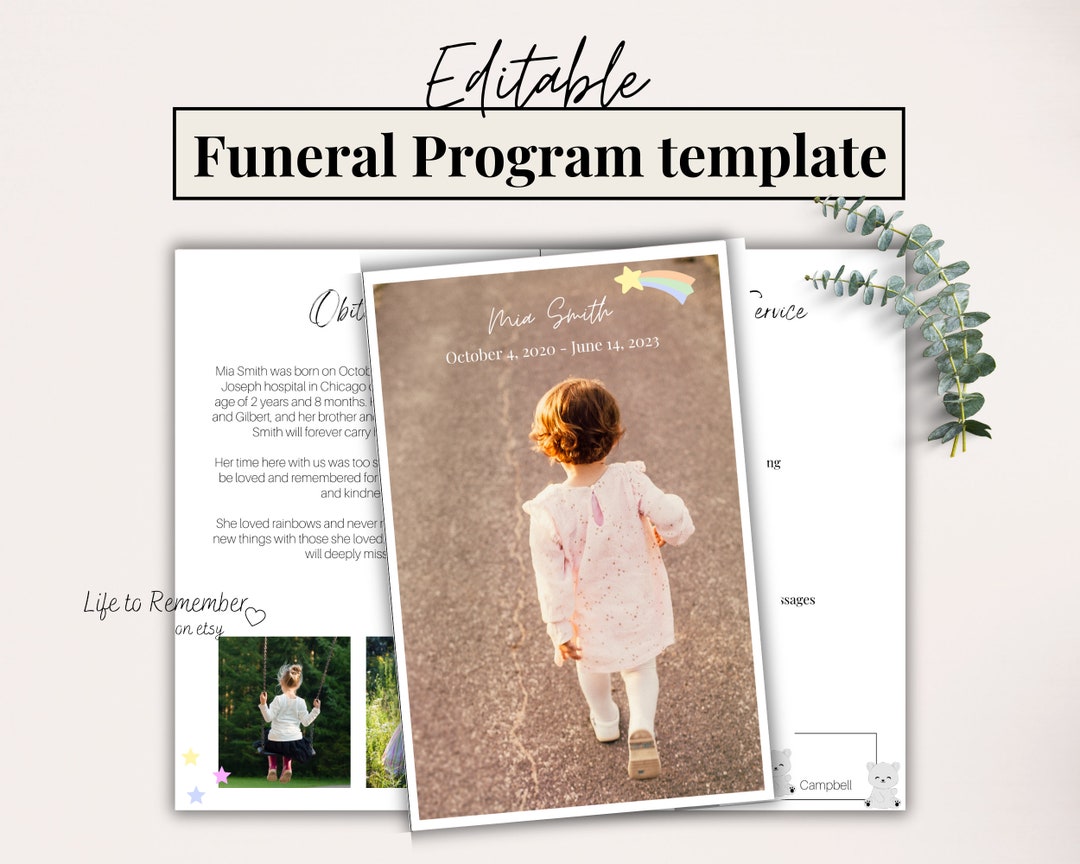 Child Funeral Program Template Editable in Canva, Printable Celebration ...