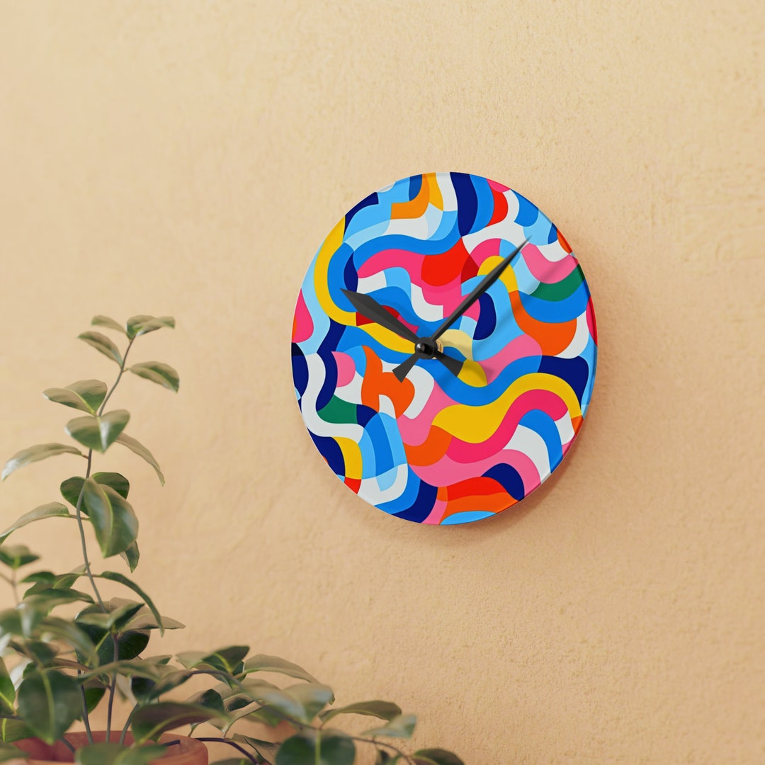 Acrylic Wall Clock With Colorful Artistic trippy Waves Print Circle and ...