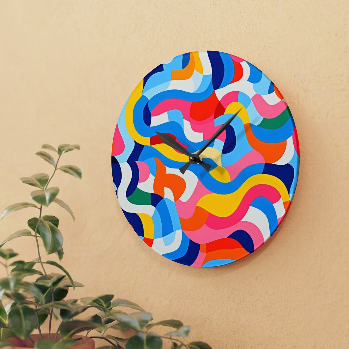 Acrylic Wall Clock With Colorful Artistic trippy Waves Print Circle and Square for All Home ...