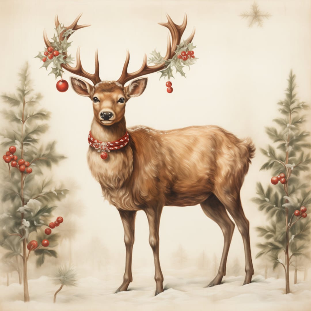 Vintage Christmas Reindeer Printable, Printable Wall Art, Whimsical ...