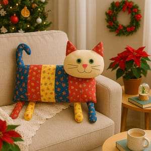 Cat Pillow Sewing Pattern: Upcycled Denim, Floral Embroidery (PDF ...