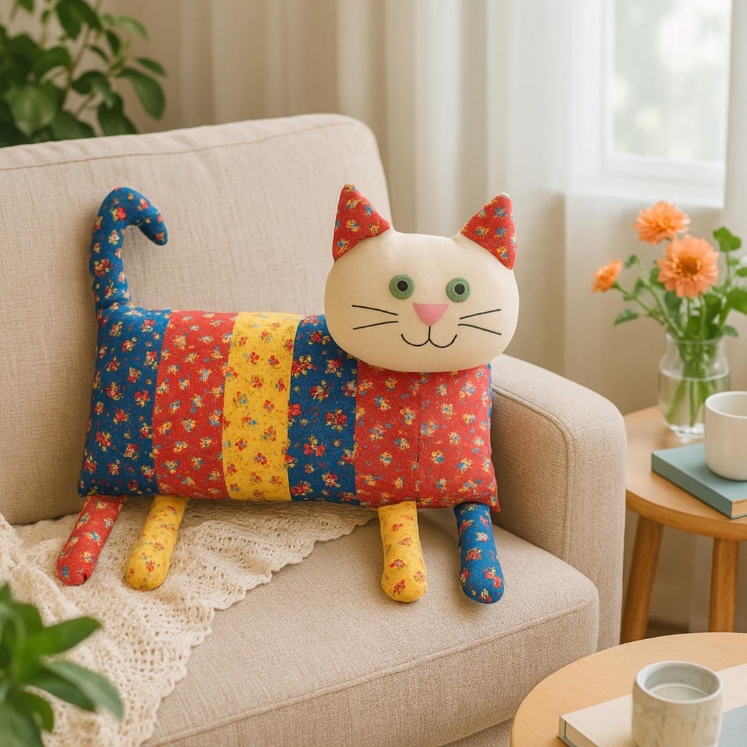 Cat Pillow Sewing Pattern: Upcycled Denim, Floral Embroidery (PDF ...