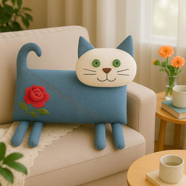 Cat Pillow Sewing Pattern: Upcycled Denim, Floral Embroidery (PDF ...