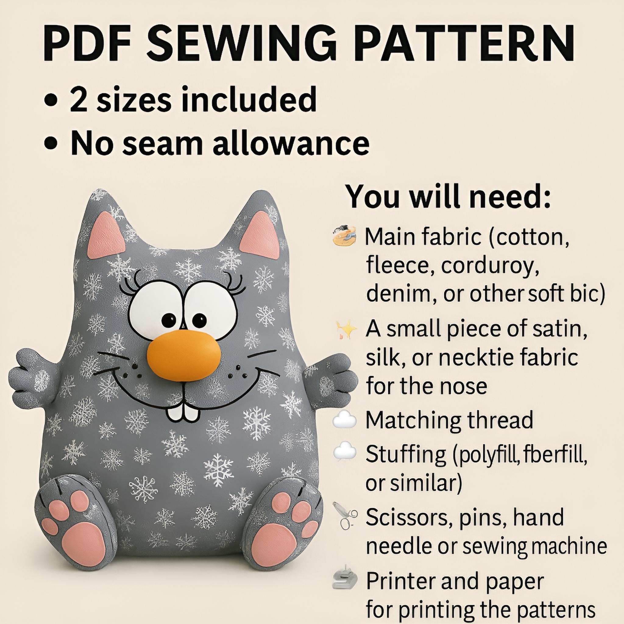 Funny Cat Pillow Sewing Pattern PDF 2 Sizes Plush Pattern Full-size ...