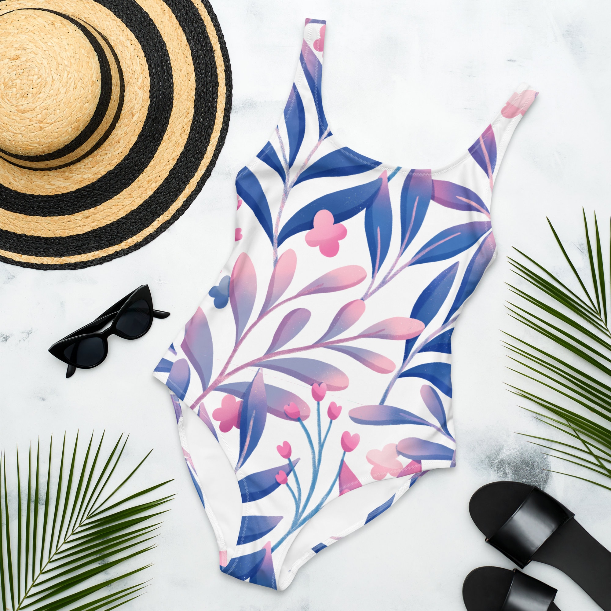 Retro LEAF DESIGN One Piece SWIMSUIT, Womens Beach or Pool Party Wear ...
