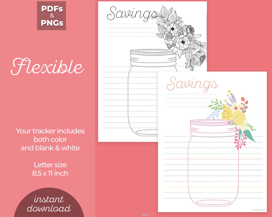 Savings Jar Tracker Printable or Digital, PDF and PNG, Floral Money ...