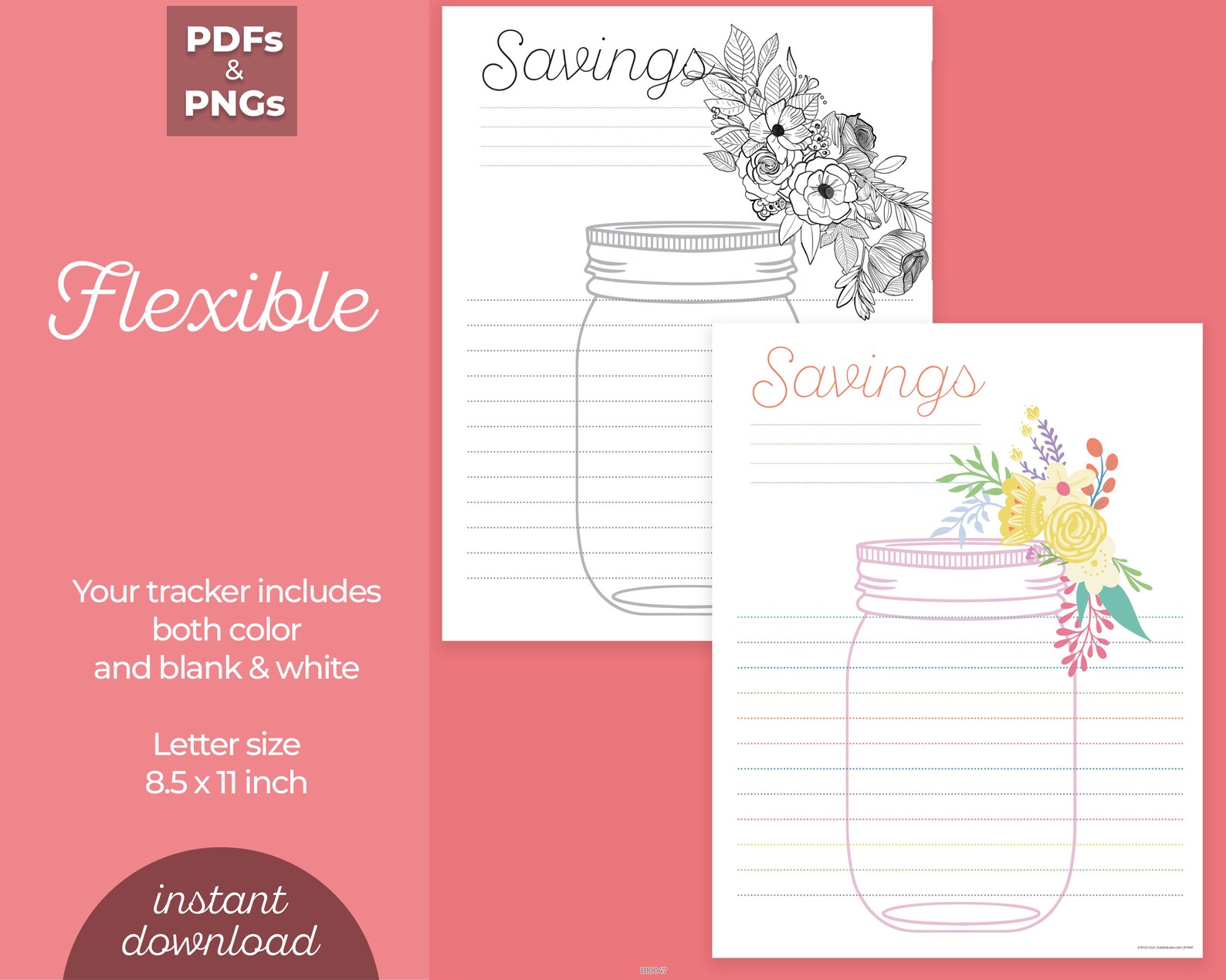 Savings Jar Tracker Printable or Digital, PDF and PNG, Floral Money ...