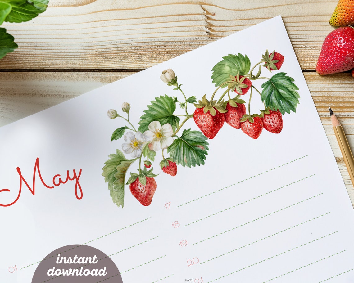 Perpetual Calendar Print & Digital SVG Planner Template Strawberry ...