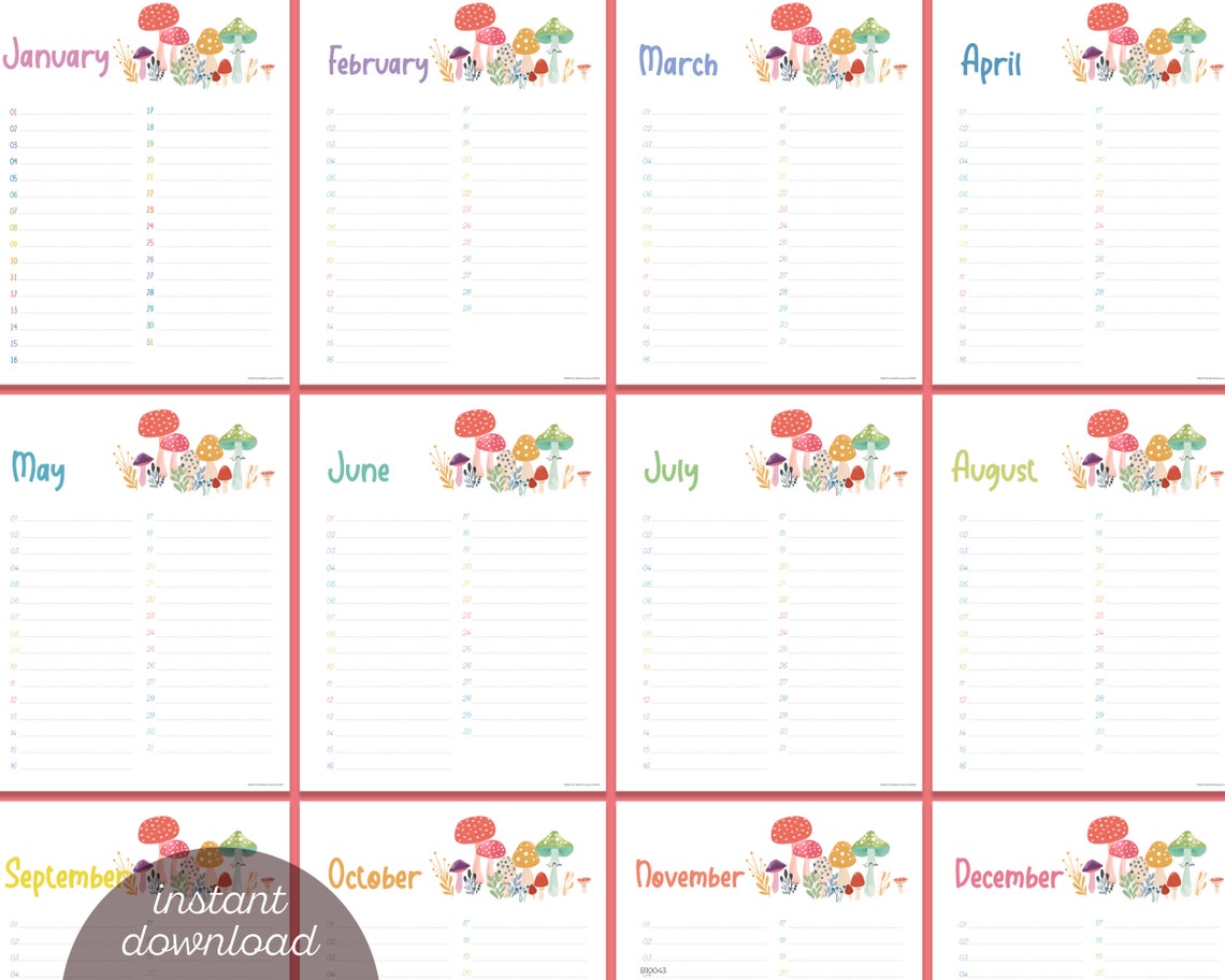 Perpetual Calendar Printable & Digital Planner Insert Template Mushroom ...