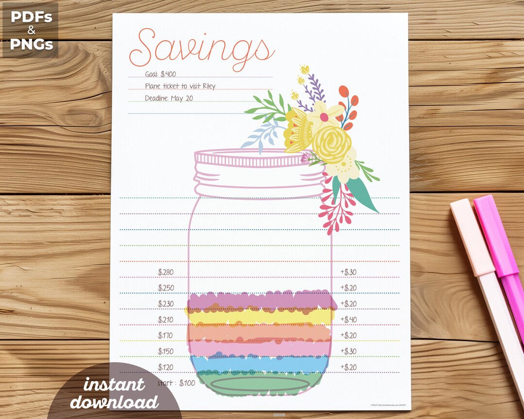 Savings Jar Tracker Printable or Digital, PDF and PNG, Floral Money ...