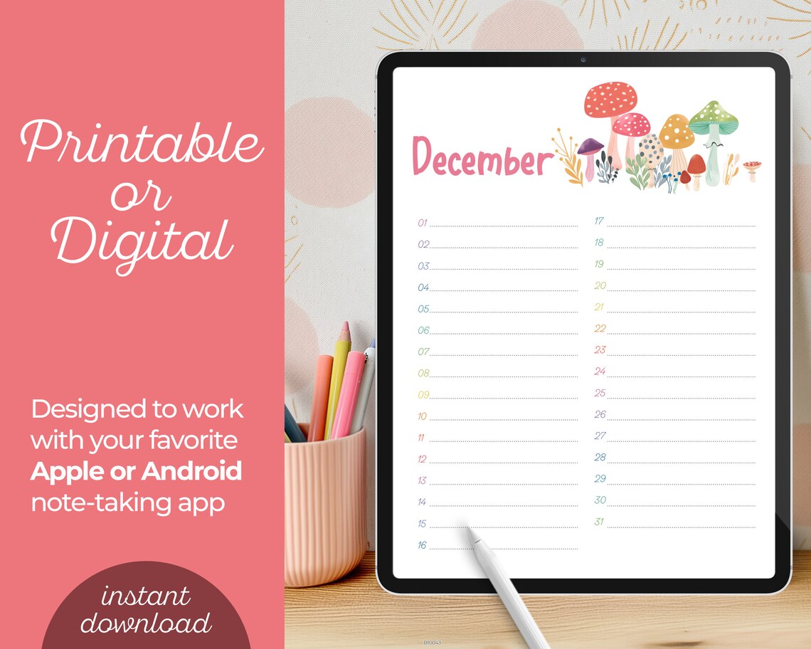 Perpetual Calendar Printable & Digital Planner Insert Template Mushroom ...