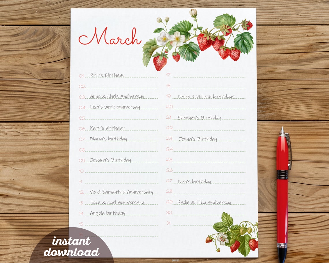 Perpetual Calendar Print & Digital SVG Planner Template Strawberry ...